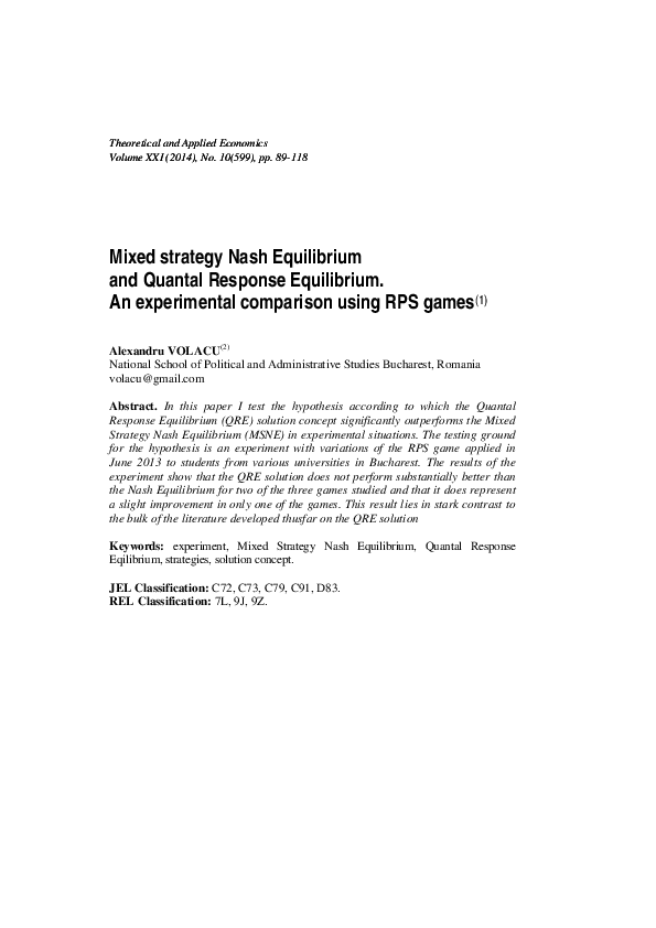 (PDF) Mixed Strategy Nash Equilibrium and Quantal Response Equilibrium. An experimental ...