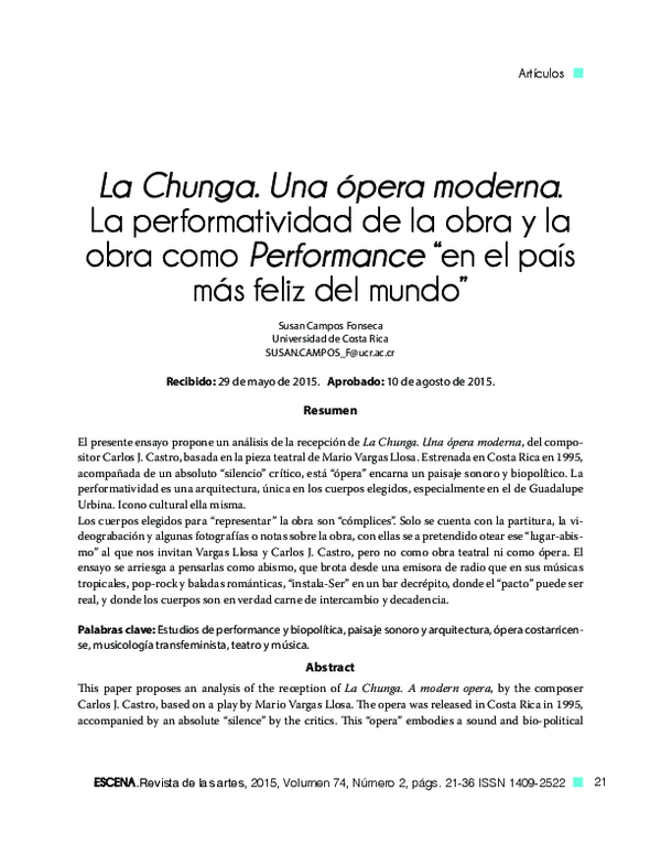 (PDF) La Chunga. Una ópera moderna. La performatividad de la obra y la obra como Performance “en ...