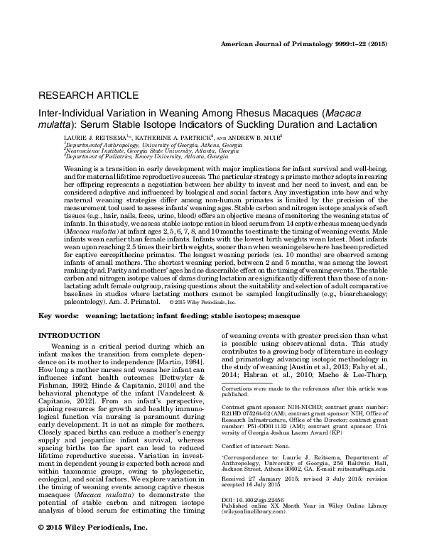 (PDF) Inter-Individual Variation in Weaning Among Rhesus Macaques ...