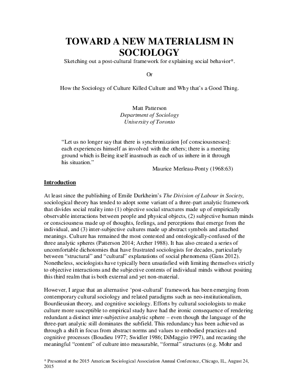 (PDF) Toward a New Materialism in Sociology: How the Sociology of ...