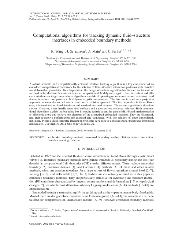 Pdf Computational Algorithms For Tracking Dynamic Fluid Structure Interfaces In Embedded