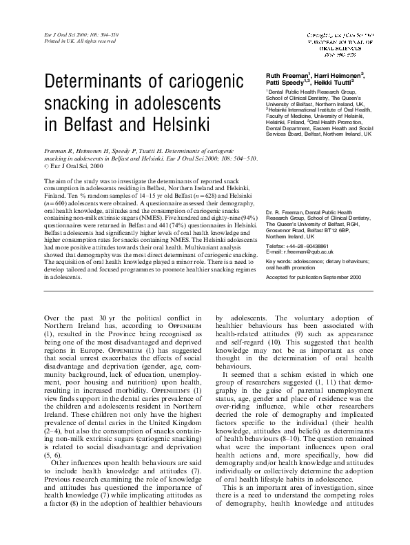 (PDF) Determinants of cariogenic snacking in adolescents in Belfast and ...