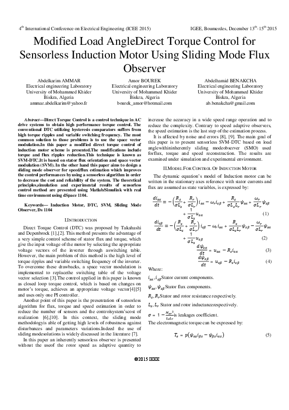 Pdf Modified Load Angle Direct Torque Control For Sensorless