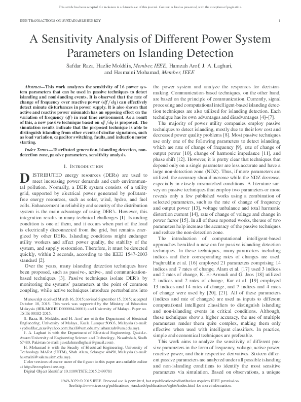 (PDF) A Sensitivity Analysis of Different Power System Parameters on Islanding Detection