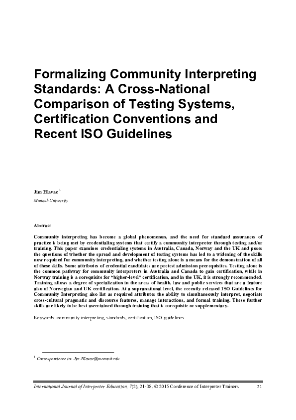 (PDF) Formalizing community interpreting standards: a cross-national ...