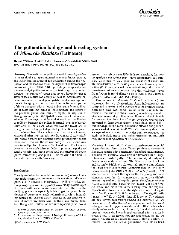 (PDF) The pollination biology and breeding system of Monarda fistulosa ...