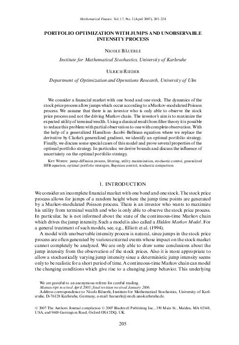 (PDF) PORTFOLIO OPTIMIZATION WITH JUMPS AND UNOBSERVABLE INTENSITY PROCESS