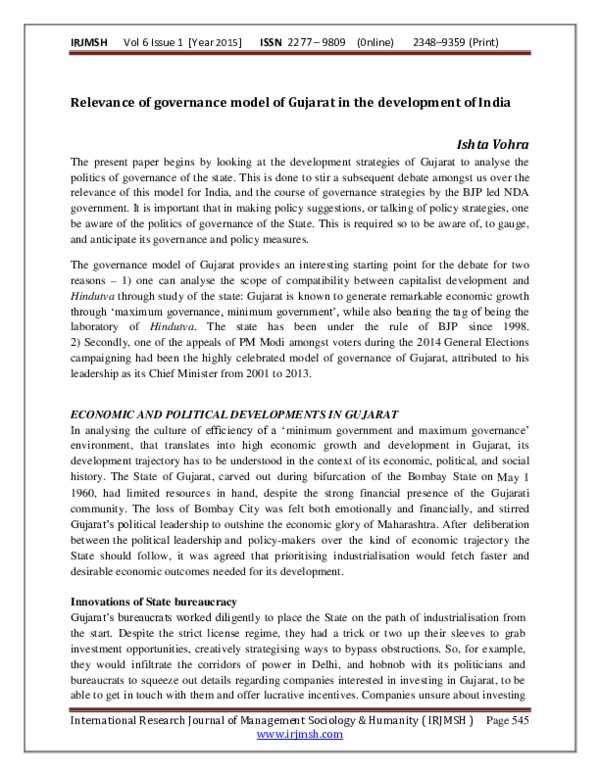 (PDF) Relevance of governance model of Gujarat in the development of India