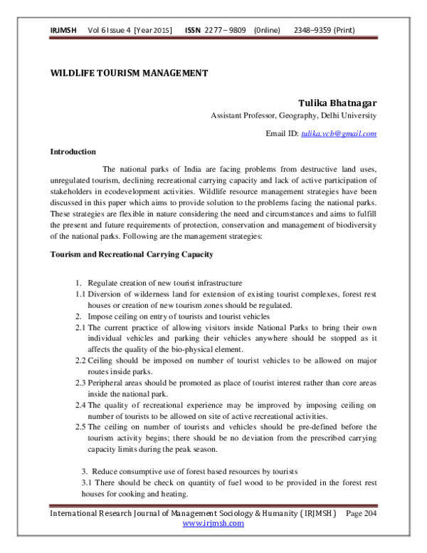 (PDF) WILDLIFE TOURISM MANAGEMENT