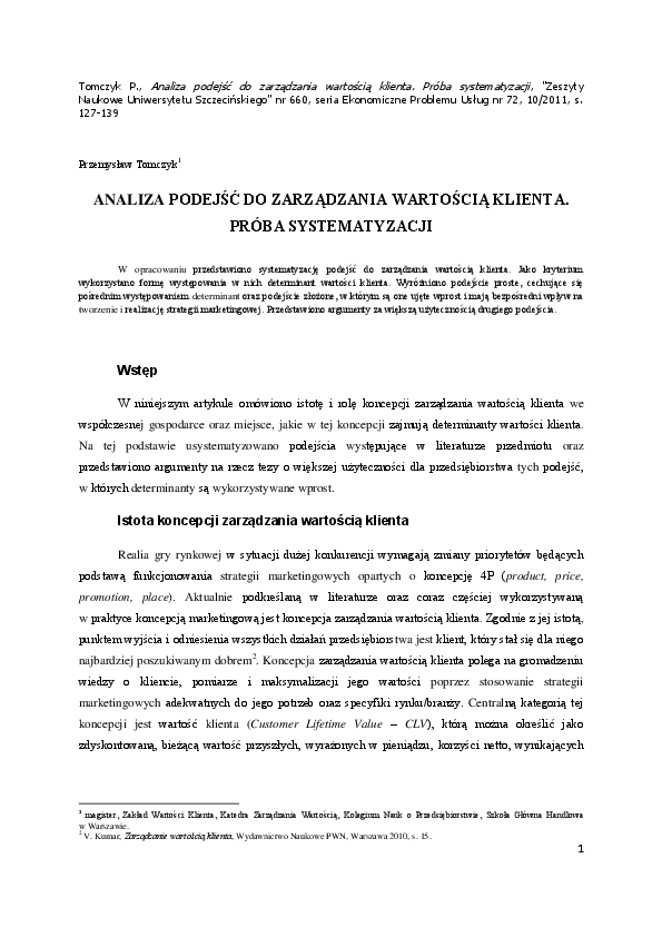 (PDF) Analiza podejść do zarządzania wartością klienta. Próba systematyzacji