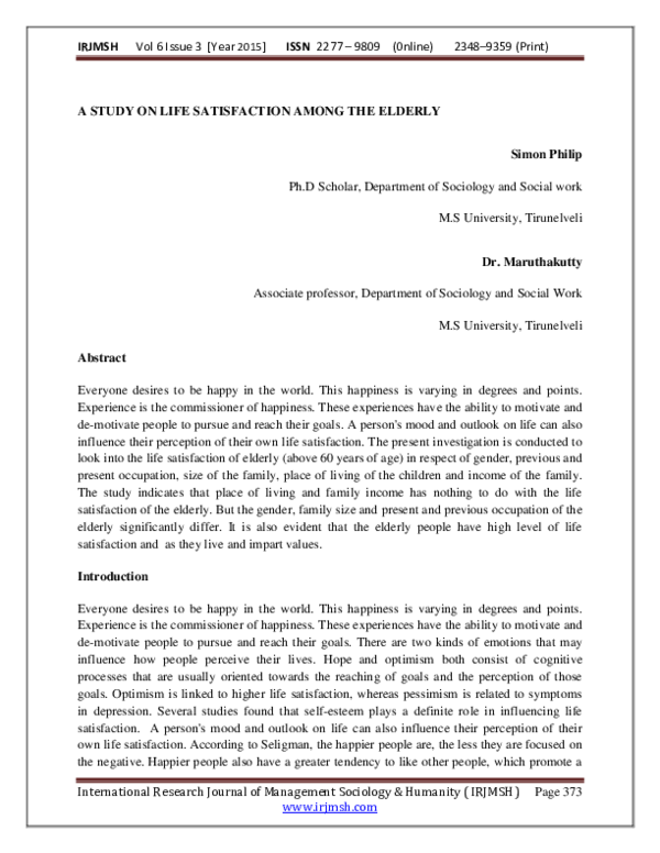 (PDF) A STUDY ON LIFE SATISFACTION AMONG THE ELDERLY