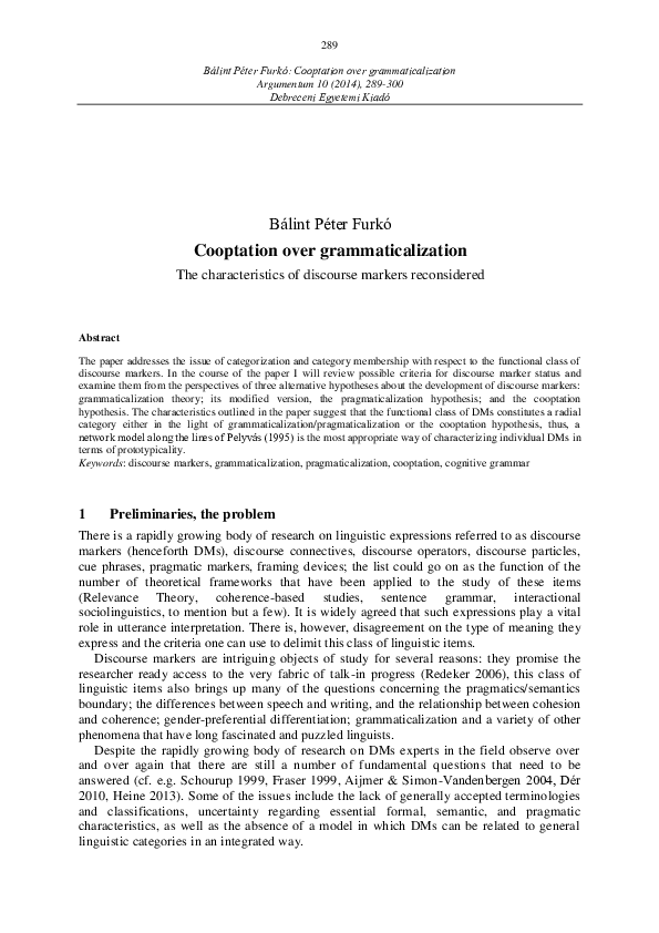 (PDF) Cooptation over grammaticalization - the characteristics of discourse markers revisited