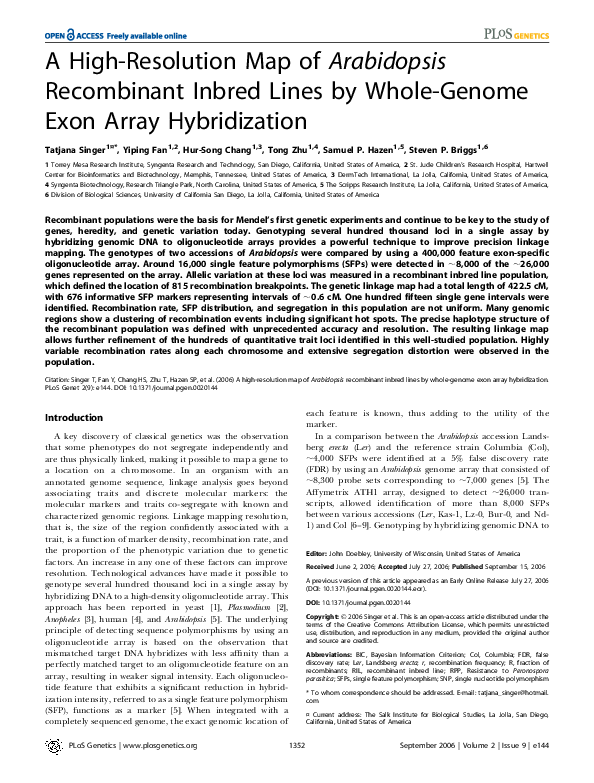 (PDF) A High-Resolution Map of Arabidopsis Recombinant Inbred Lines by Whole-Genome Exon Array ...