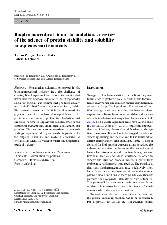 (PDF) Biopharmaceutical liquid formulation: a review of the science of ...