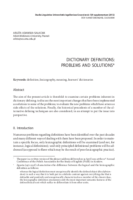 (PDF) Dictionary definitions: Problems and solutions