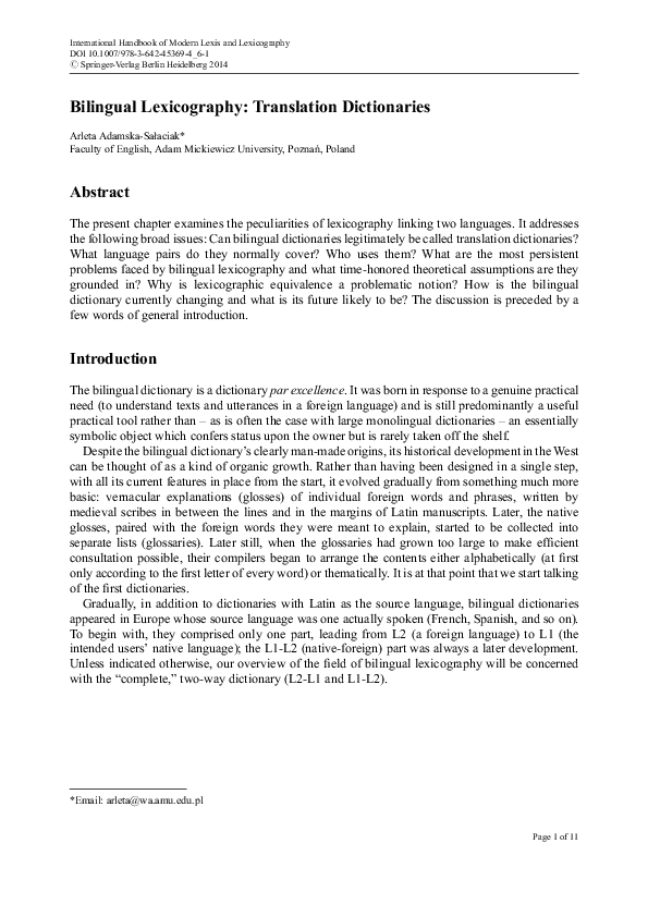 (PDF) Bilingual lexicography: Translation dictionaries