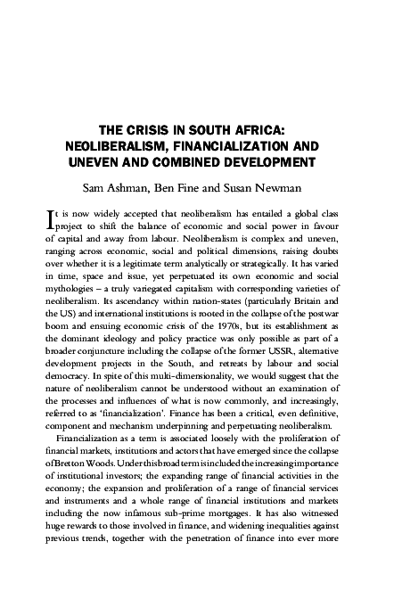 (PDF) THE CRISIS IN SOUTH AFRICA: NEOLIBERALISM, FINANCIALIZATION AND ...