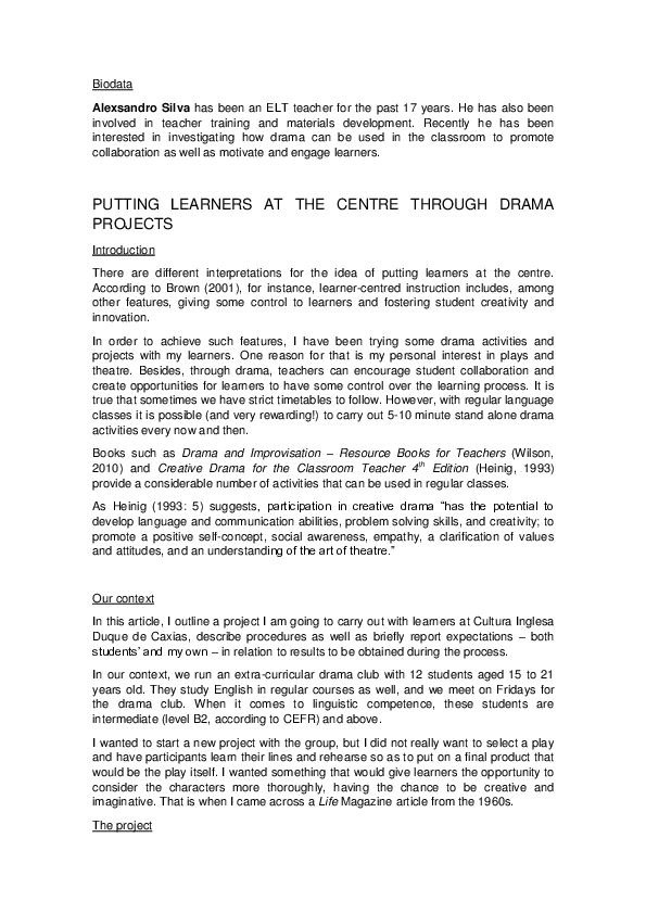 (PDF) PUTTING LEARNERS AT THE CENTRE THROUGH DRAMA PROJECTS