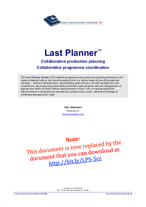 (PDF) Last Planner: Collaborative production planning; Collaborative programme coordination (2005)