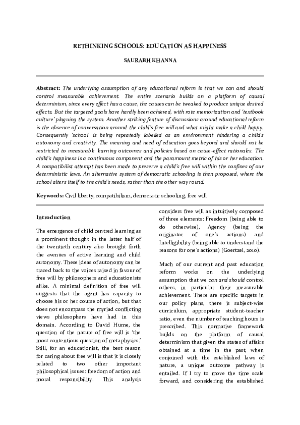 (PDF) Rethinking Schools: Education as Happiness