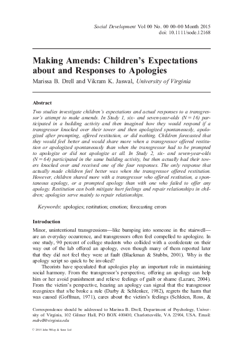 (PDF) Making Amends: Children's Expectations about and Responses to ...