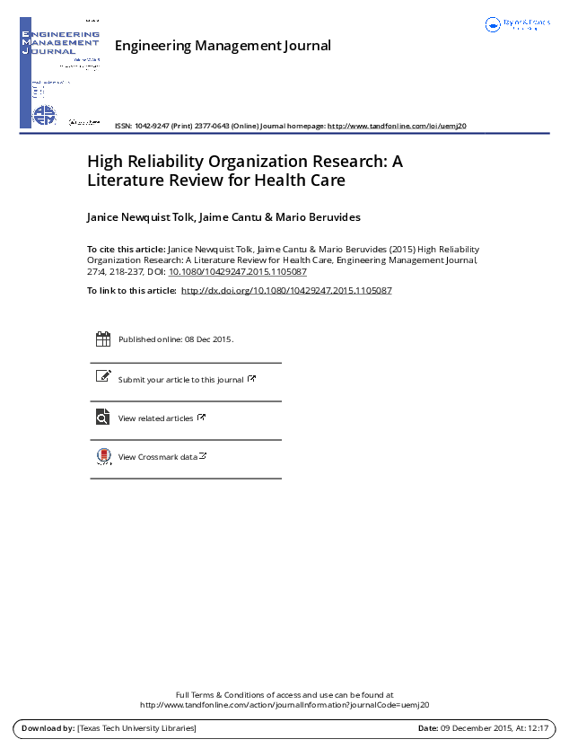 (PDF) High Reliability Organization Research: A Literature Review for ...