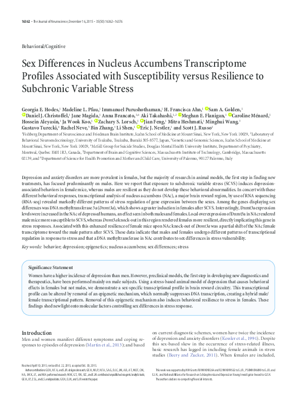 Pdf Sex Differences In Nucleus Accumbens Transcriptome Profiles
