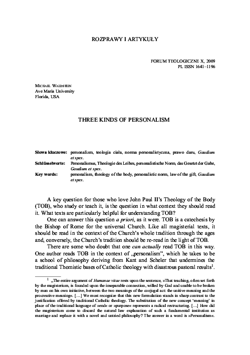 (PDF) Three Kinds of Personalism: John Paul, Kant, and Scheler