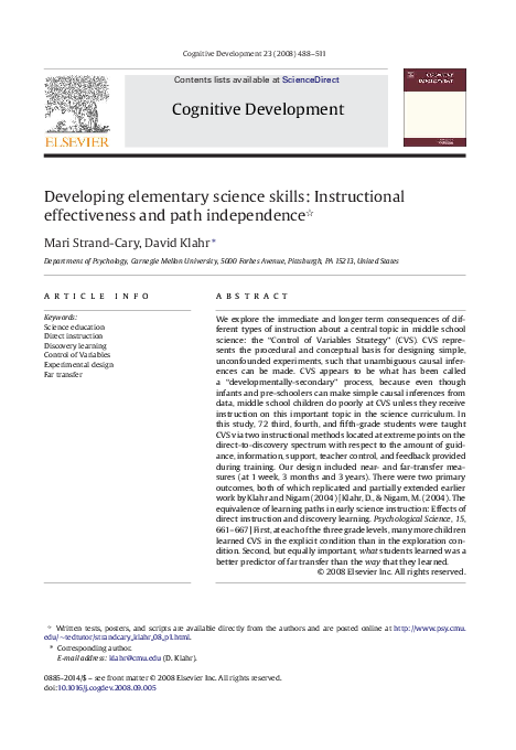 (PDF) Developing elementary science skills: Instructional effectiveness ...