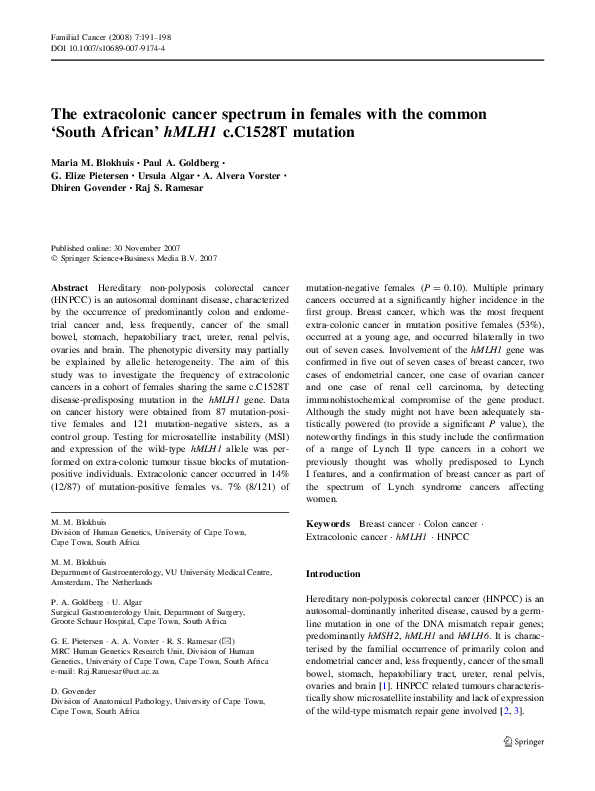 (PDF) The extracolonic cancer spectrum in females with the common ...
