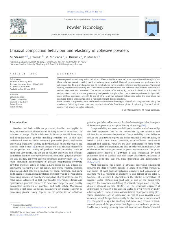 (PDF) Uniaxial compaction behaviour and elasticity of cohesive powders