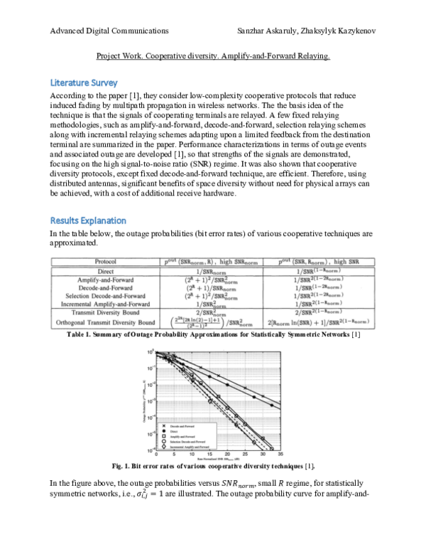 (PDF) Project Work. Advanced Digital Communications. Cooperative Diversity. Amplify and Forward ...
