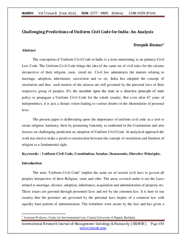 (PDF) Challenging Predictions of Uniform Civil Code for India: An Analysis