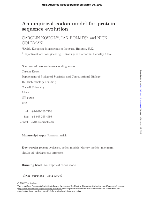 (PDF) An Empirical Codon Model for Protein Sequence Evolution | Carolin Kosiol - Academia.edu