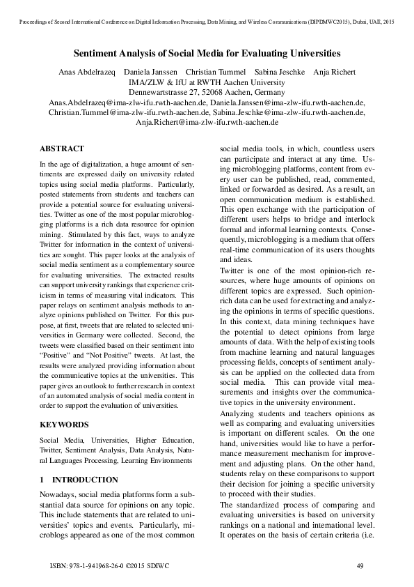 (PDF) Sentiment Analysis of Social Media for Evaluating Universities