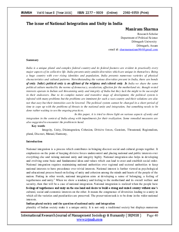 (PDF) The issue of National Integration and Unity in India