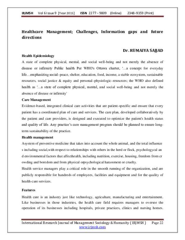 (PDF) Healthcare management ; Challenges , Information gaps and future ...