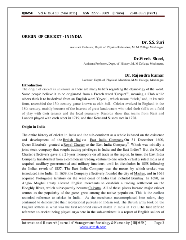 (PDF) ORIGIN OF CRICKET ---- IN INDIA