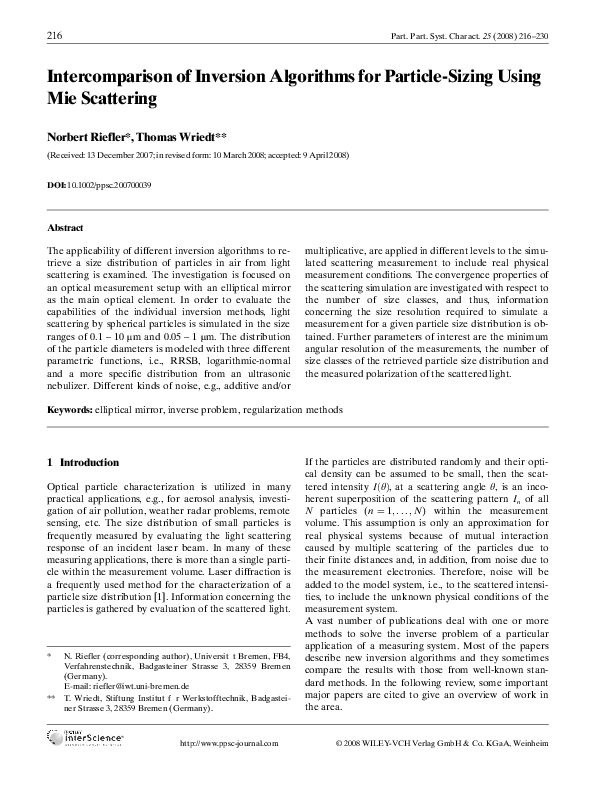(PDF) Intercomparison of Inversion Algorithms for Particle-Sizing Using Mie Scattering