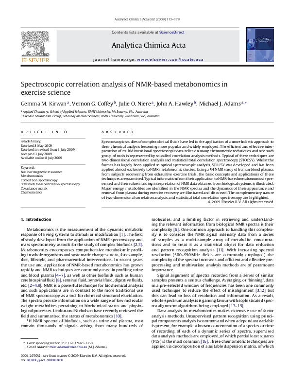 (PDF) Spectroscopic correlation analysis of NMR-based metabonomics in exercise science