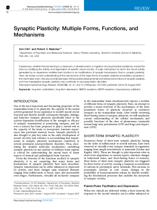 (PDF) Synaptic Plasticity: Multiple Forms, Functions, and Mechanisms | Ami Citri - Academia.edu