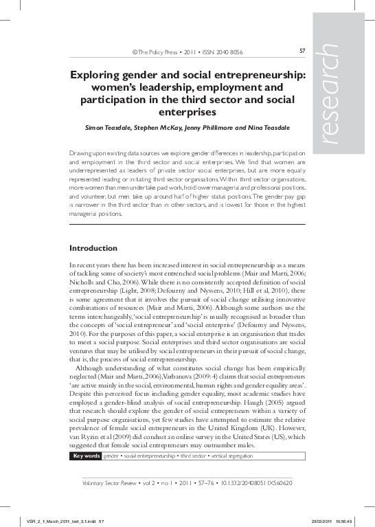 (PDF) Exploring gender and social entrepreneurship: women's leadership ...