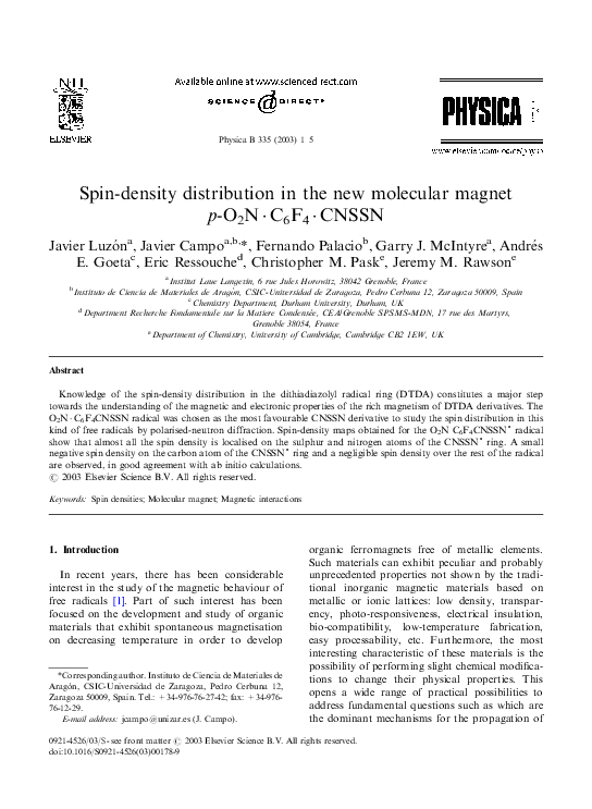 (PDF) Spin-density distribution in the new molecular magnet p-O2N·C6F4 ...