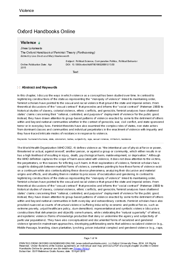 (PDF) Violence in The Oxford Handbook of Feminist Theory (Forthcoming ...