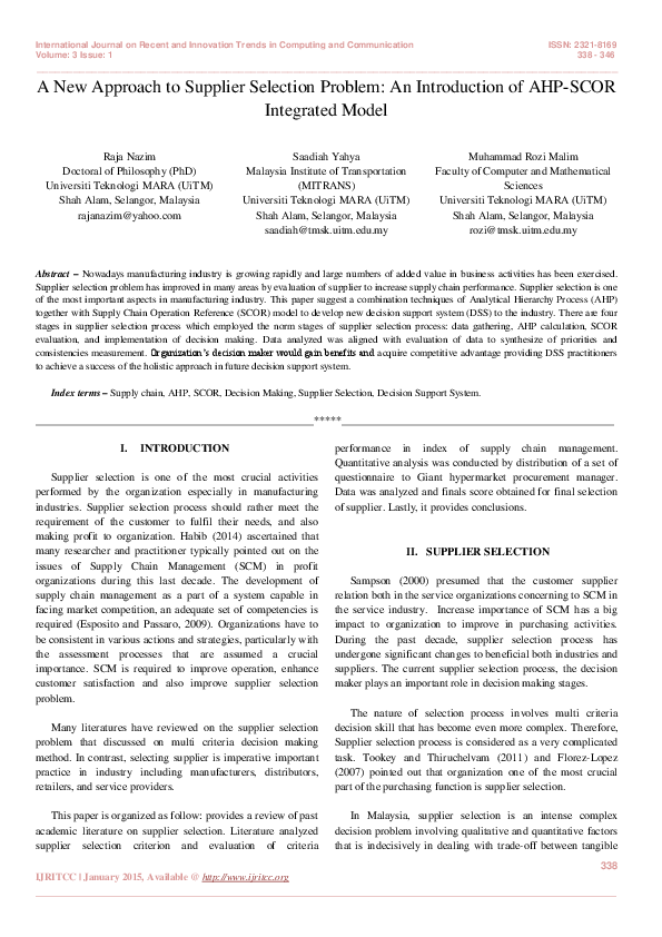 Pdf A New Approach To Supplier Selection Problem An Introduction Of Ahp Scor Integrated Model
