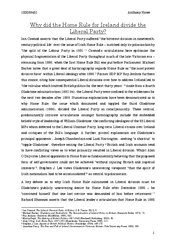 (PDF) Why did Home Rule for Ireland split the Liberal Party in 1886?