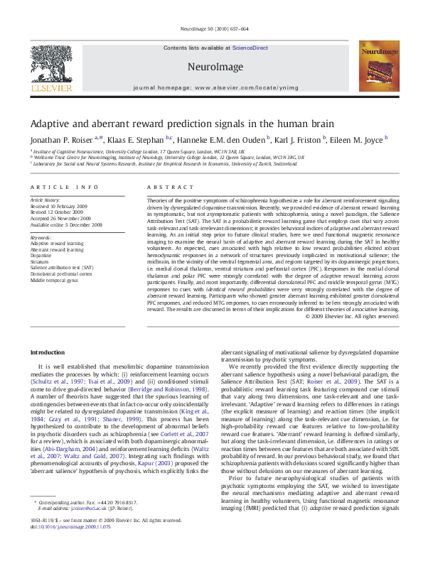 (PDF) Adaptive and aberrant reward prediction signals in the human brain
