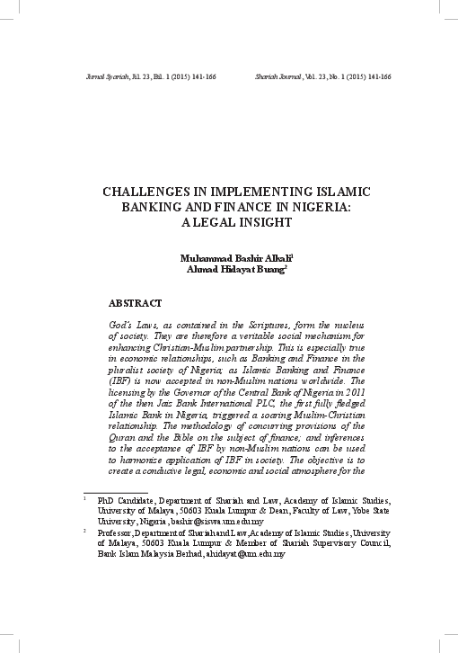 (PDF) CHALLENGES IN IMPLEMENTING ISLAMIC BANKING AND FINANCE IN NIGERIA ...