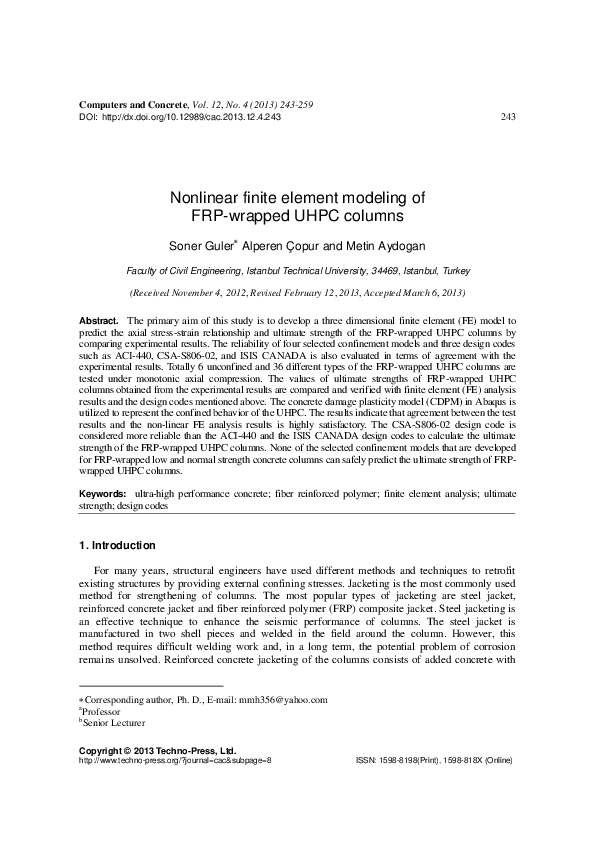 (PDF) Nonlinear finite element modeling of FRP-wrapped UHPC columns