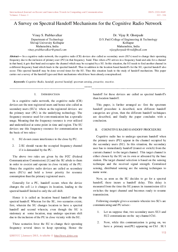 (PDF) A Survey on Spectral Handoff Mechanisms for the Cognitive Radio Network | International ...